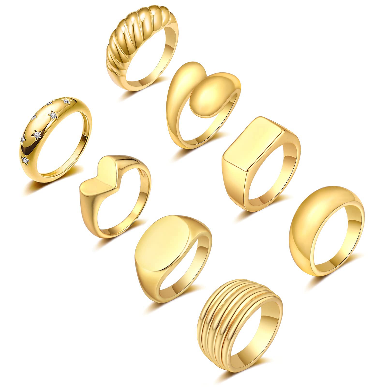 Honsny 8PCS Gold Dome Chunky Rings for Women 18K Gold Plated Twisted Braided Ring Chunky Signet Ring Minimalist Statement Rings Size 5 to 9
