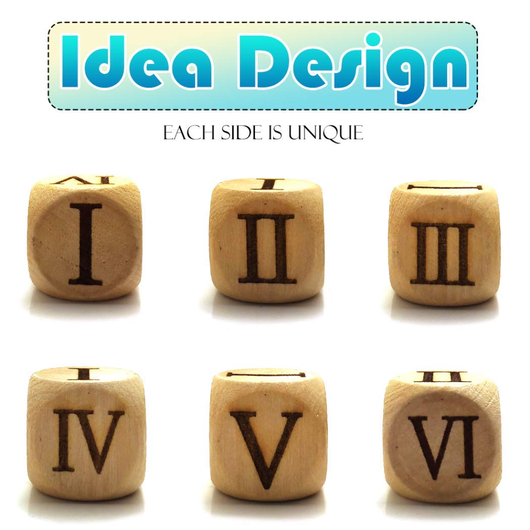 Hometu Set of 6 Pieces 20MM Wood Dice Set Creative Design Roman Number Pattern Wood Rolling Dices Party Game Roll Decider