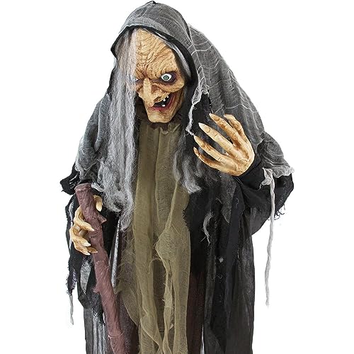 Haunted Hill Farm Life-Size Scary Poseable Talking Witch with Touch Activated Lights and Sound, Battery-Operated Indoor/Covered Outdoor Halloween Decoration