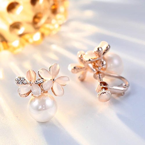 JewelryLand Soft Pink Cat Eye Stones Flower White Simulate Pearl Clip-On Cluster Earrings