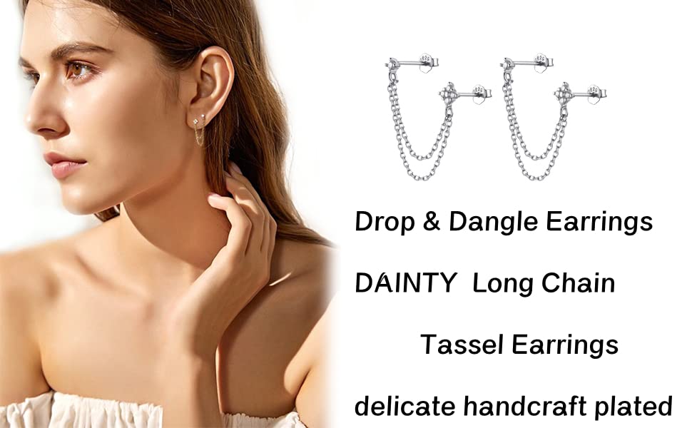 Lansora Double Piercing Earrings Silver Gold Cz Cubic Zirconia Stone Chain Link Dangle Stud Earrings
