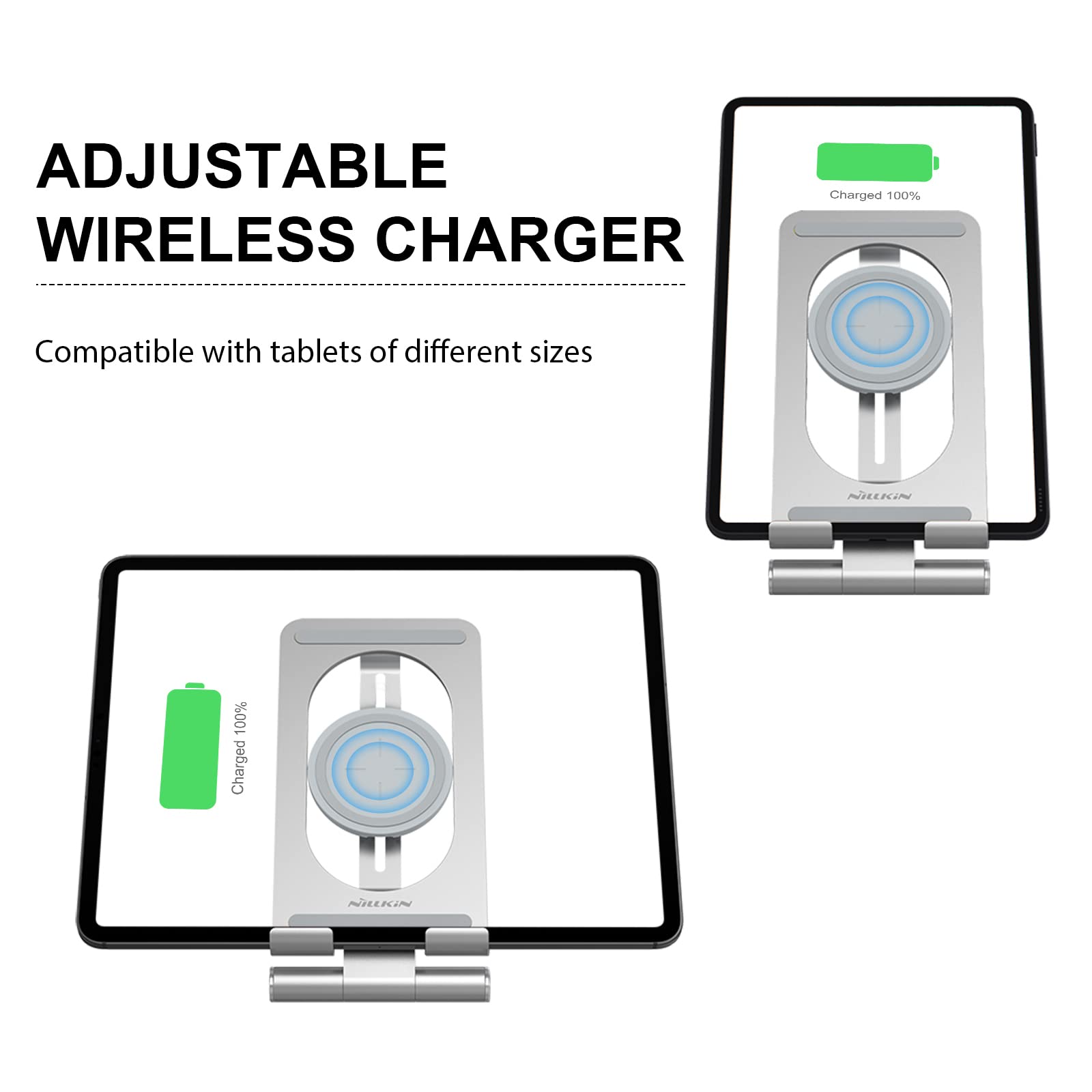 Nillkin Wireless ipad Charger Tablet Stand, 2-in-1 15W Fast Wireless Charger & Tablet Desktop Holder Stand Adjustable for iPad 9th Generation, iPad Pro 2022, iPad Air 5,10.2,10.5,12.9, Mini 6, Phone
