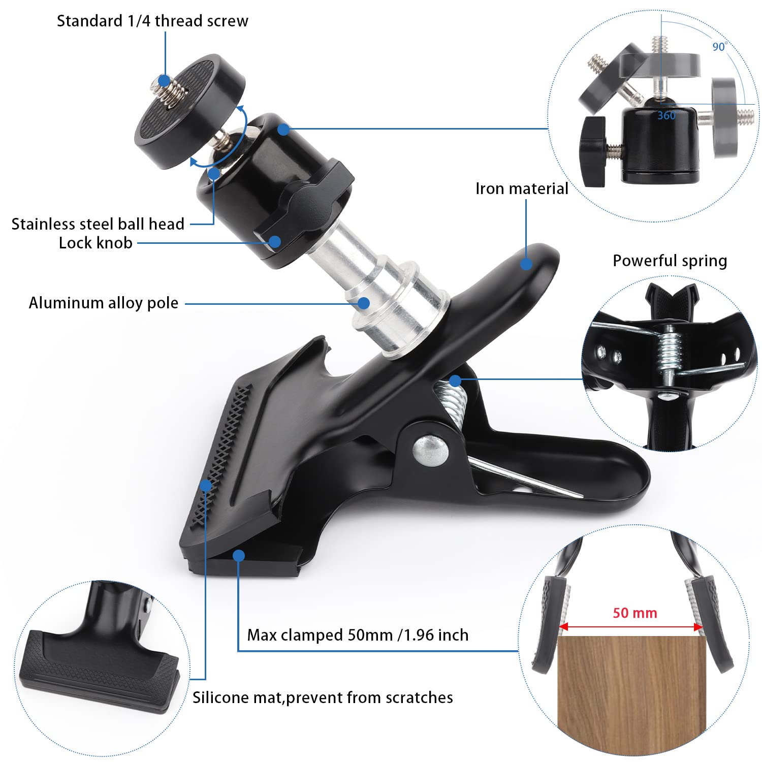 Mippko Clip Clamp Tablet Holder for Desk/Table/Glass Door/Desktop Baffle/Easel, Compatible with 7~11 inch iPad/Nexus/LG G Pads, 360°Adjustment Metal Clamp Mount