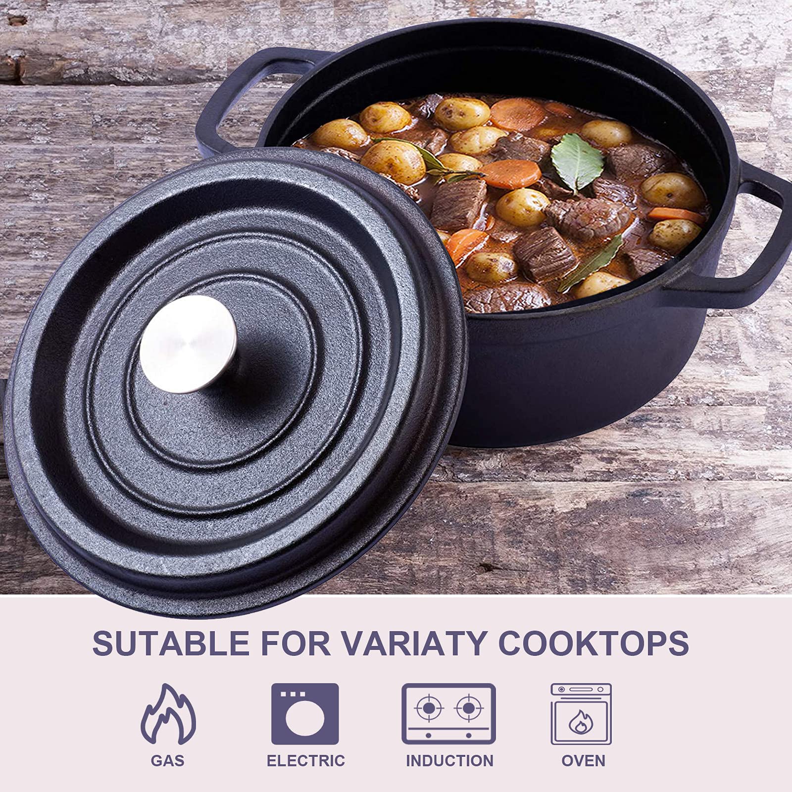 HOOEMD 3.5-Quart Nonstick Cast Iron Dutch Oven Pot with Lid, 8″ wide Small Cocotte for 2-3 People Bread Baking Use on Gas Electric Oven - Black