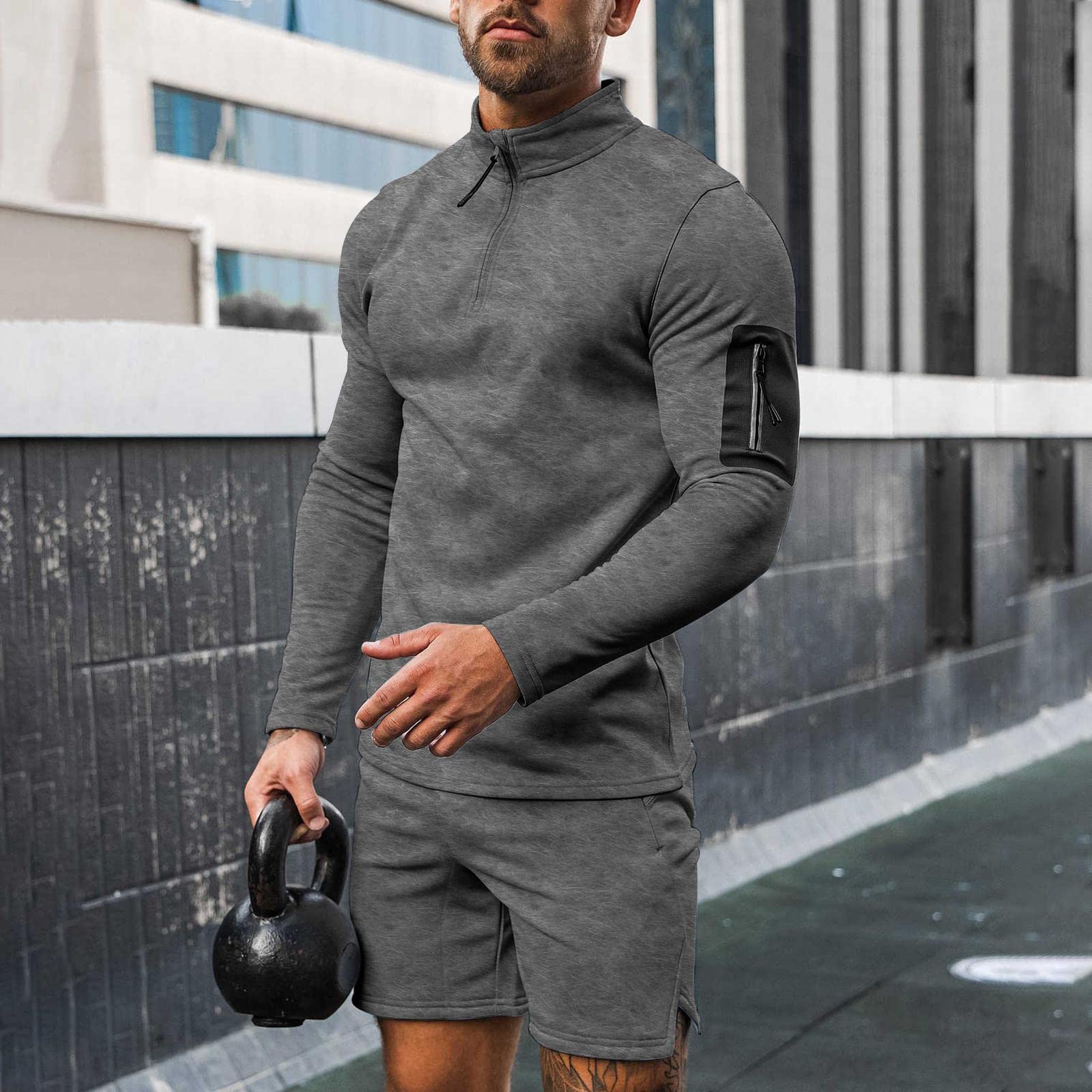 Mens Quarter Zip Athletic Pullover Long Sleeve Dry Fit Active Sports Sweatshirt Running Outdoor Shirts Dark Grey