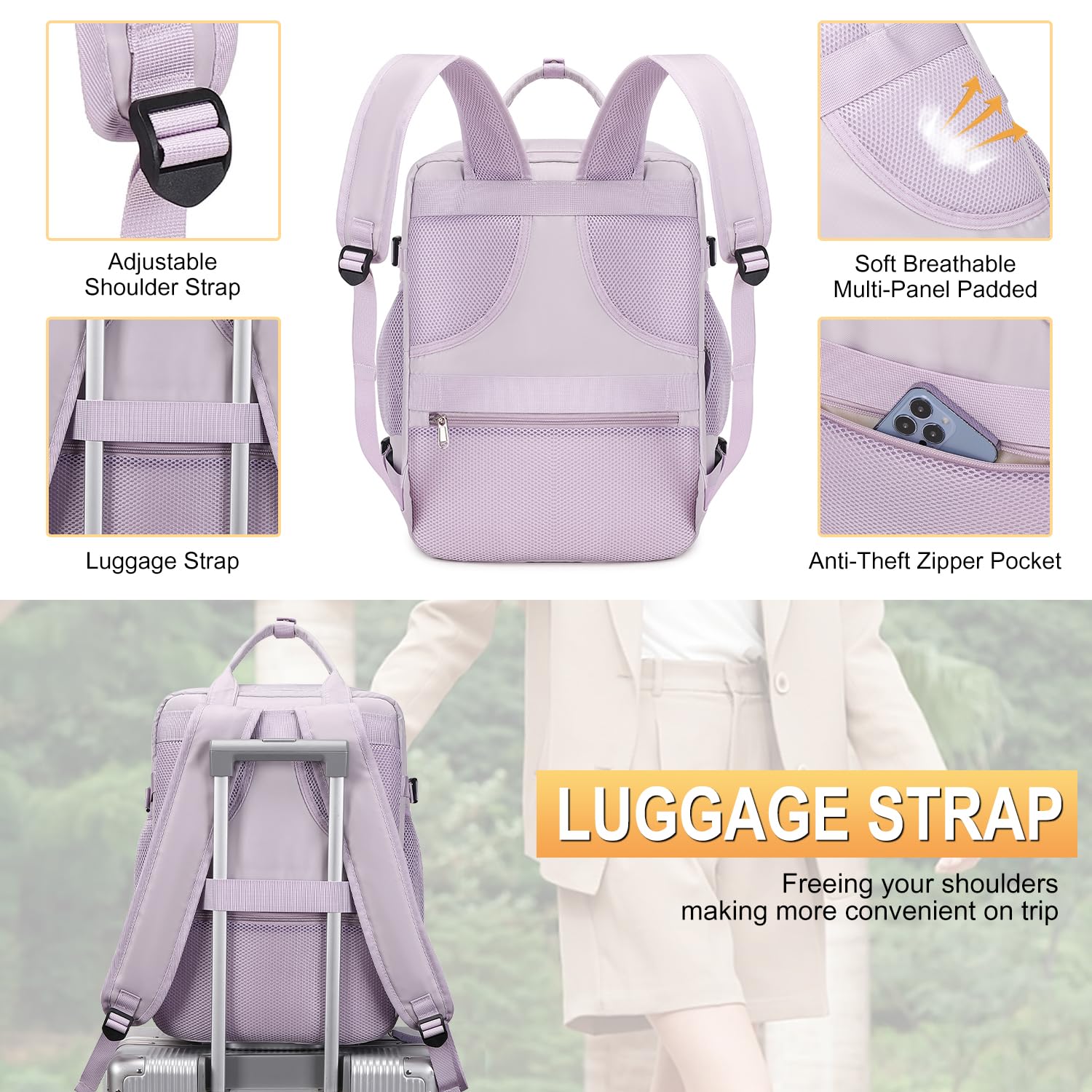 InduSKY Large Travel Backpack for Women, 40L Carry On Backpack Airline Flight Approved with USB Charging Port Shoes Compartment, Personal Luggage Backpack 15.6 Inch Laptop Backpack(Beige+Purple)