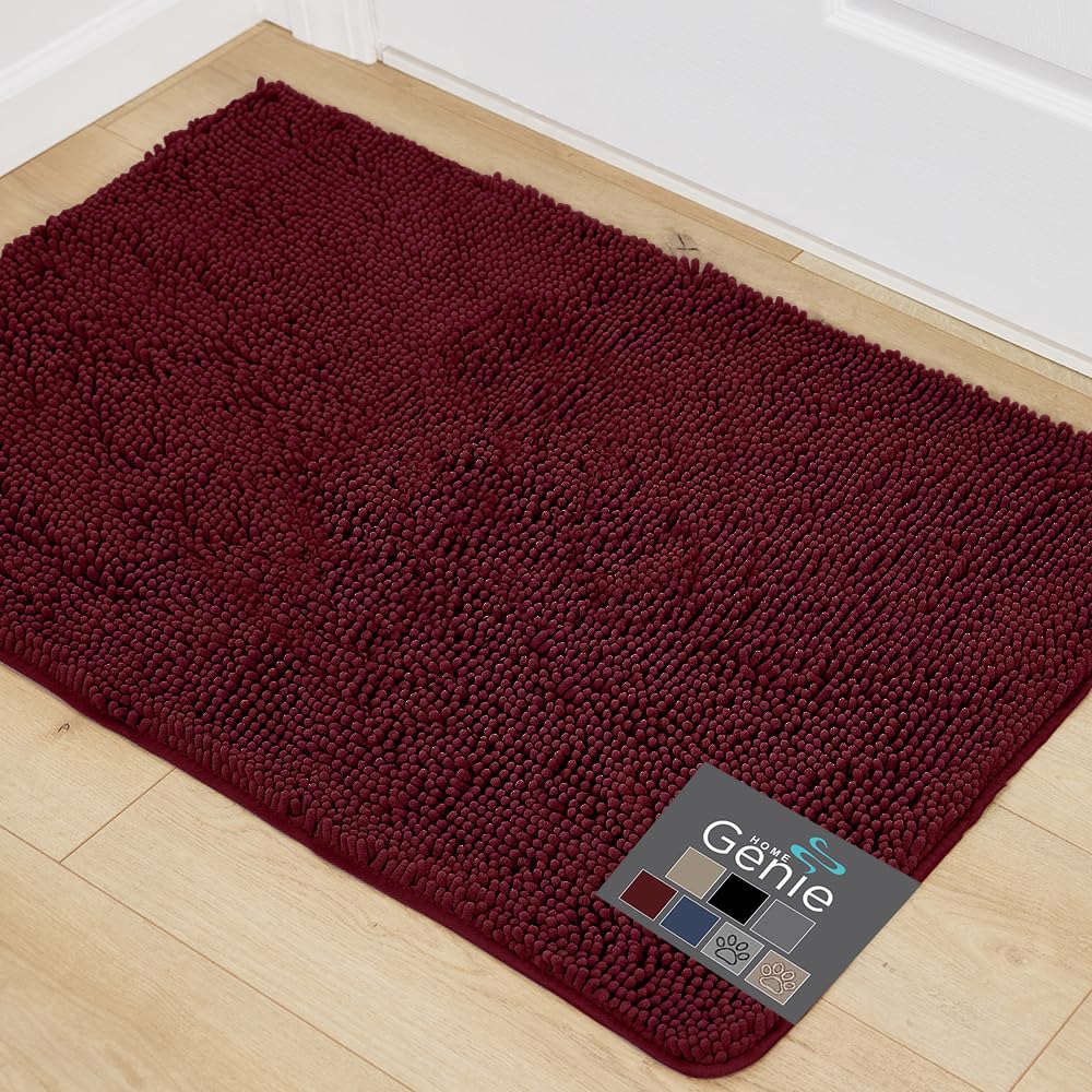 HOME GENIE Muddy Dog Machine-Washable Absorbent Soft Chenille Indoor-Doormat, Rubber Backing, Quick Dry Microfiber Mat, Entryway Front Door Mat, Home Entrance Welcome Doormats, 24x17, Maroon