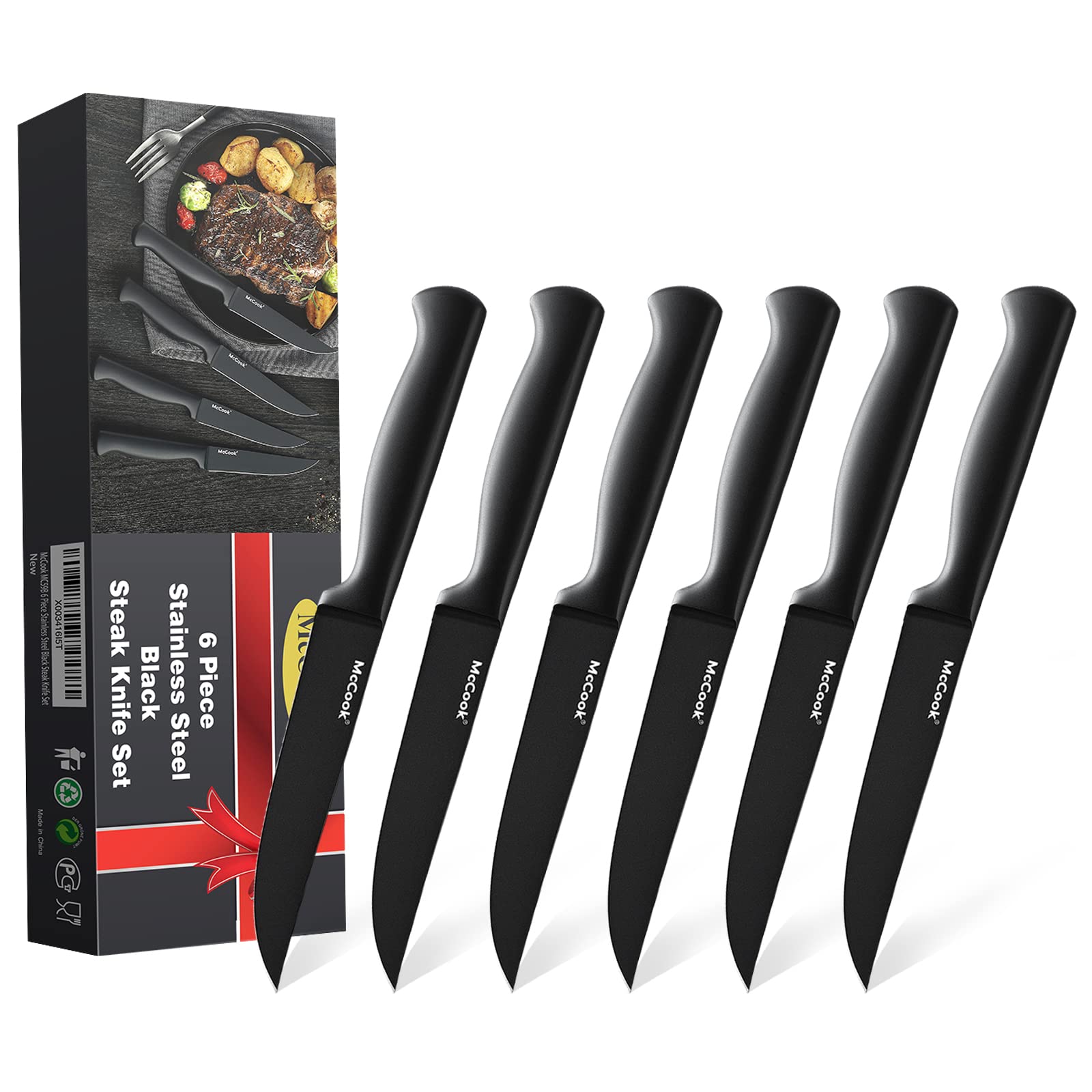 McCook MC59B Steak Knives Set of 6 + McCook Knife MC21Block