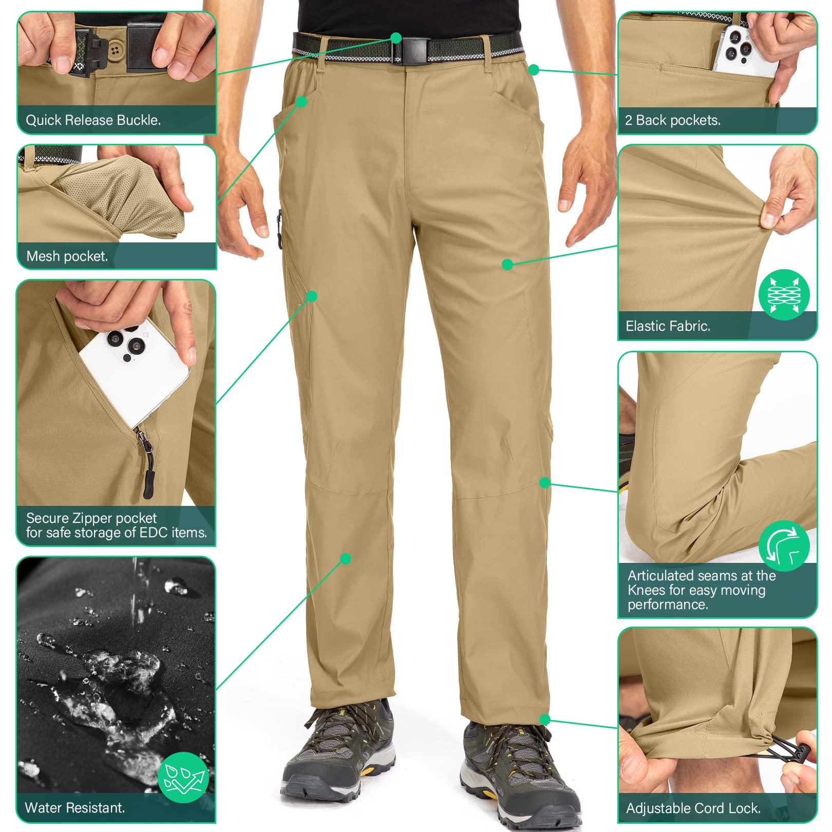 Hubunucc Men's Hiking Pants Waterproof Quick Dry Lightweight Stretch Camping Outdoor Cargo Pants for Men Zipper Pockets #6091 Khaki 32