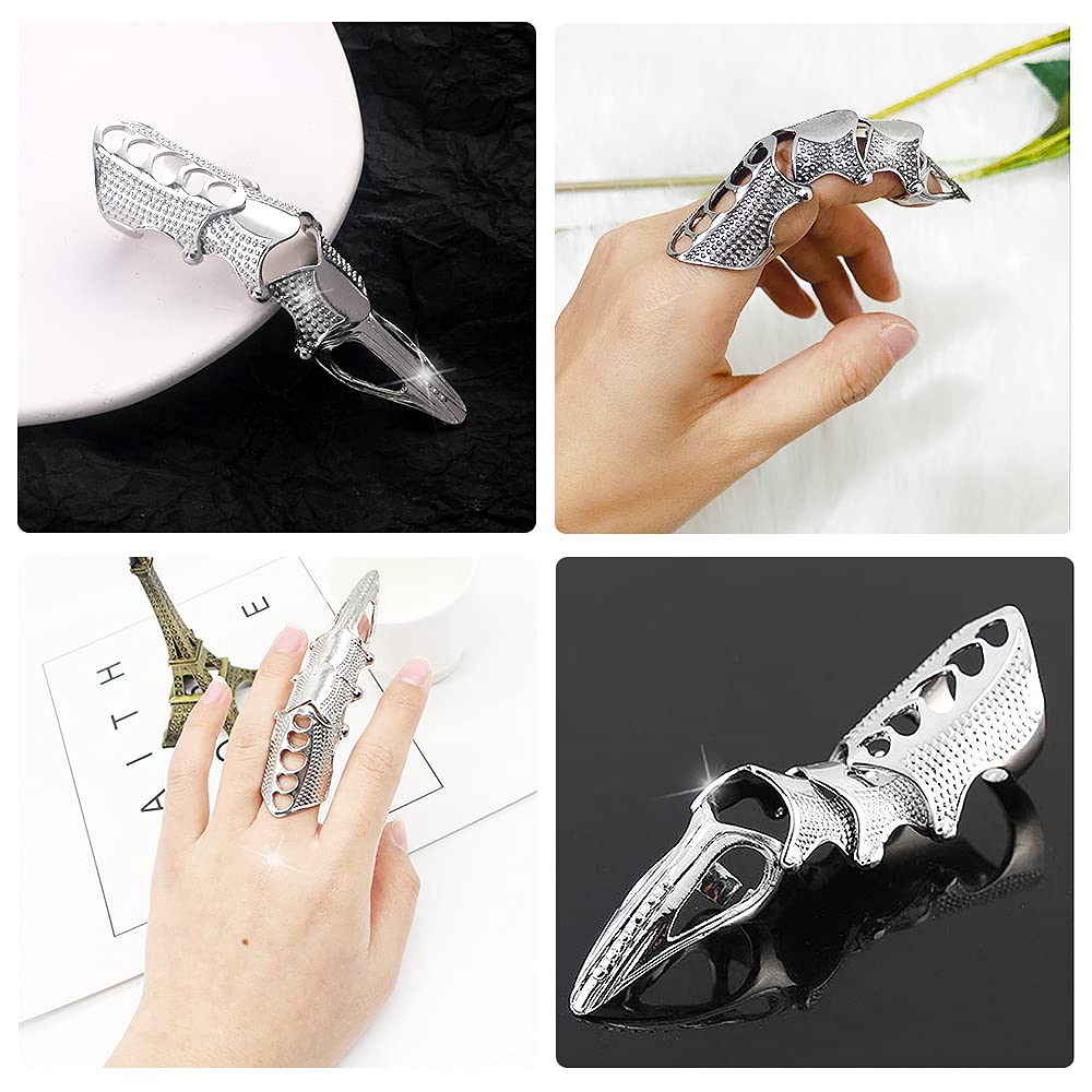HSQYJ Retro Finger Armor Knuckle Rings Adjustable Punk Rock Full Finger Double Loop Long Ring Halloween Cosplay Costume Accessories for Women (Silver)