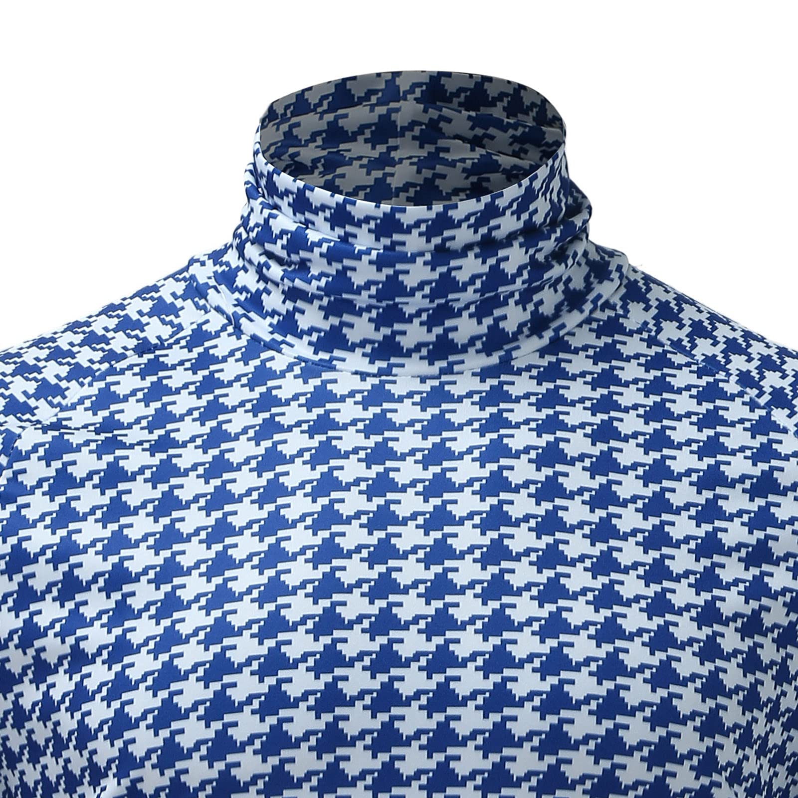Mens Slim Fit Turtleneck T Shirt Check Houndstooth Lightweight Winter Long Sleeve Warm Underwear Tunic Top(Blue,X-Large)