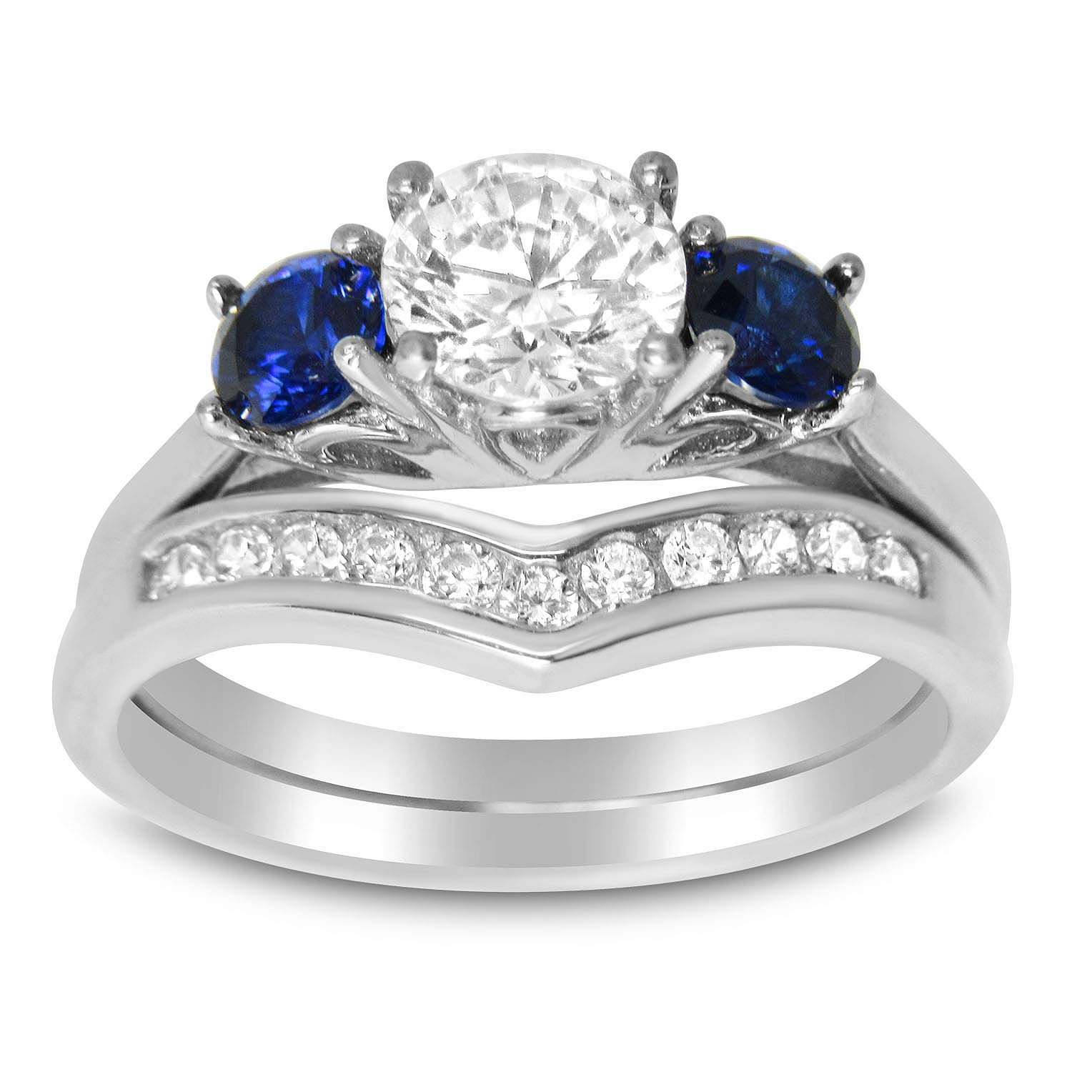 LaRaso & Co Sterling Silver Simulated Sapphire His Her Matching Couple Three Rings Bridal Engagement Ring Wedding Bands Set