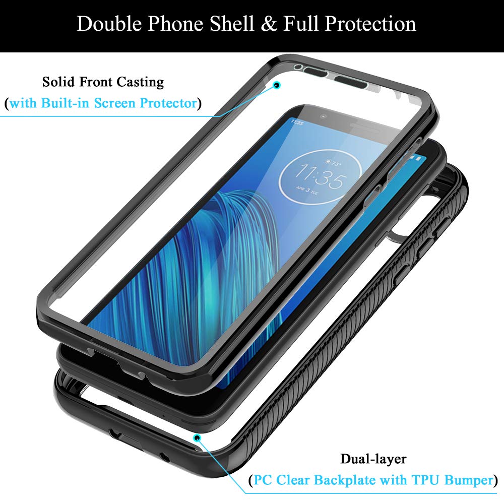 HATOSHI Motorola Moto E6 Case with Built-in Screen Protector, Heavy Duty Protection Crystal Clear Back Shockproof Rubber Bumper Protective Phone Case Cover for Moto E6 5.5 inches -Black