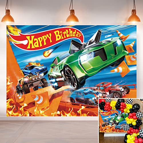 Hot Car Birthday Party Supplies Hot Race Car Birthday Decorations Racing Car Backdrop for Boys Cars Theme Video Game Background Banner Wall Decor Photo Booth Props 7x5FT