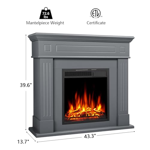 Havato 43" Electric Fireplace with Mantel, Freestanding Electric Fireplace, Wooden Surround Firebox, Remote Control, 7 Level Adjustable Led 3D Frame, 750W/1500W Grey