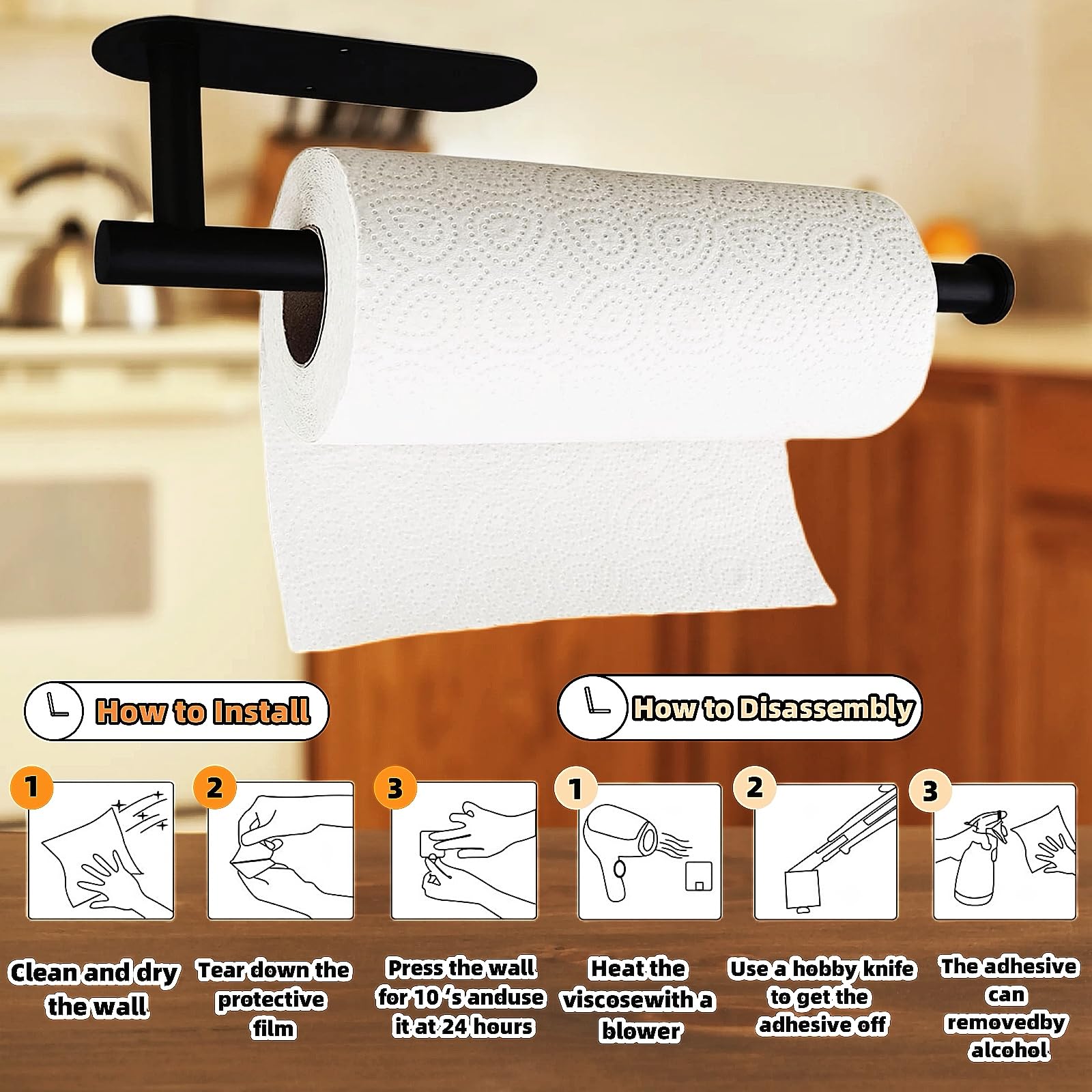 Prlsca Towel Holder Under Cabinet for Kitchen,Self Adhesive Paper Towel Holder Wall Mount,No Drilling, SUS304 Stainless Steel,Rustproof Paper Towel Holder for Bathroom(Black)
