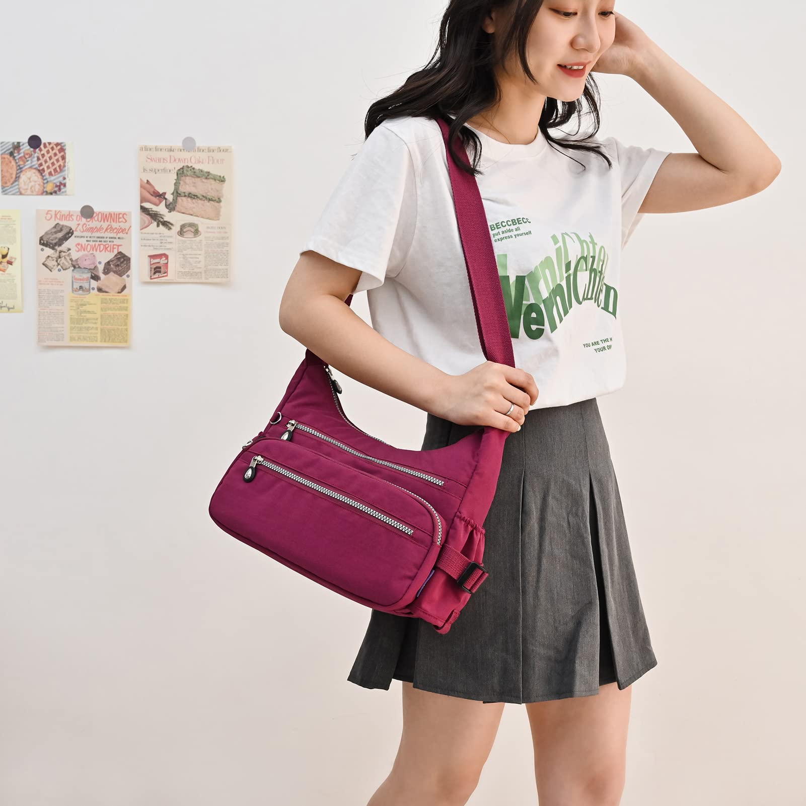 KARRESLY Crossbody Purse Bag Fabric Nylon Multi Pocket Tote Ladies Messenger Handbag(Red)