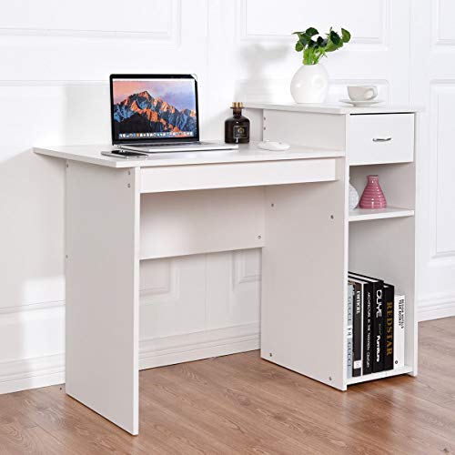 Home Office Bedroom Dorm Living Room Classic Furniture Decor Computer Writing Table Laptop CPU Multifunction Desk with Shelf and Drawer Sturdy White Wood Large Capacity Storage Easy Assembly