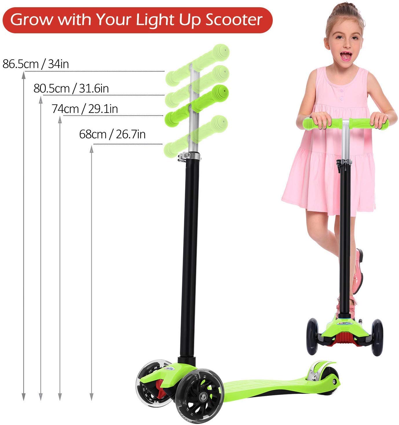 Hikole Scooter for Kids with 3 LED Wheels β Adjustable Height, Lean to Steer Design, 3 Wheels Kick Scooter for Girls & Boys 3-12 Years Old