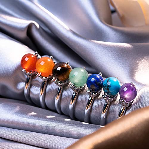 Jyotsna 1-7 PCS Natural 7 Chakra Gemstone Adjustable Statement Rings | Crown | Gems Stones 8mm Round | Beads Healing | Crystal Quartz (Chakra)