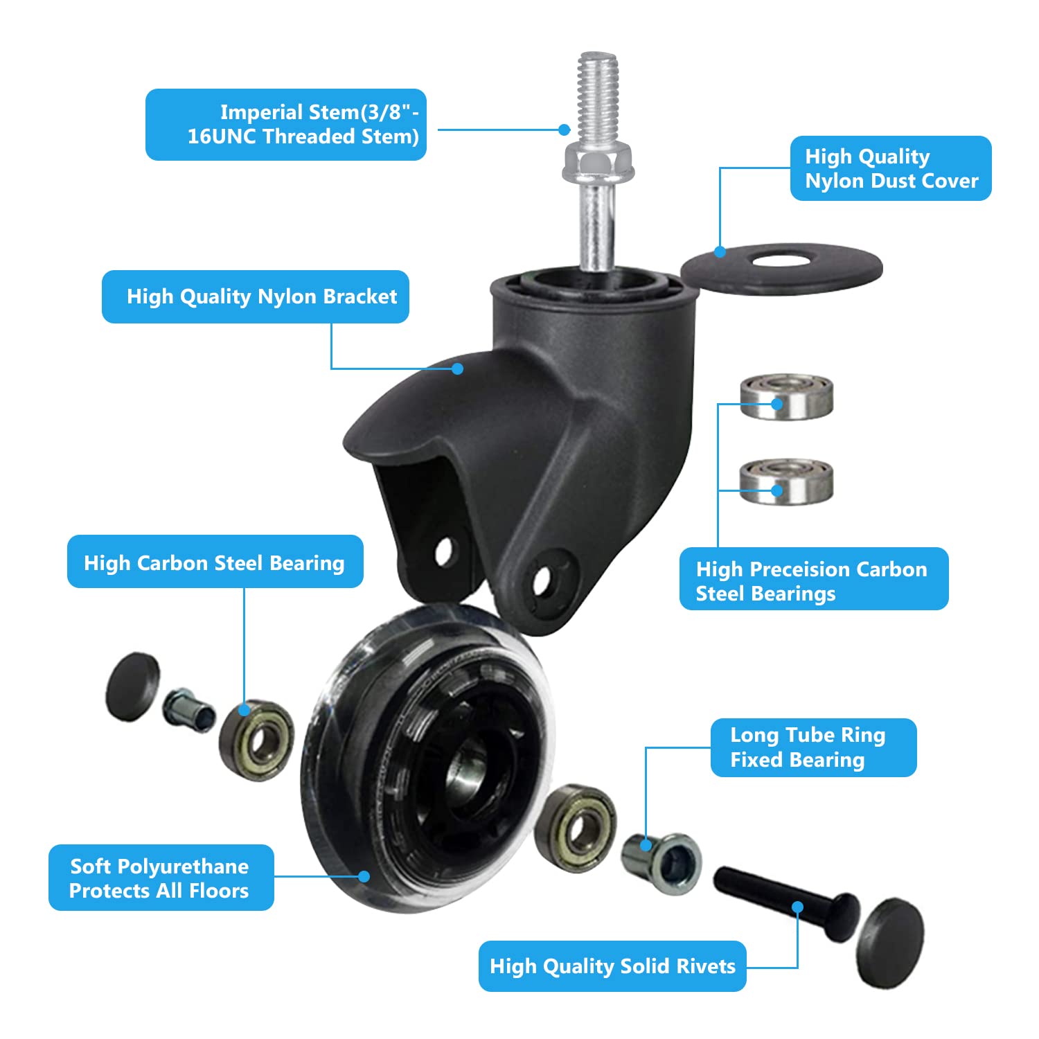 Hirate 3" Office Chair Casters with 3/8"-16UNC Threaded Stem, Mute Caster Roller Replacement Upgraded with Dust-Proof Cover for All Floors,Set of 5 with Furniture Screw Inserts