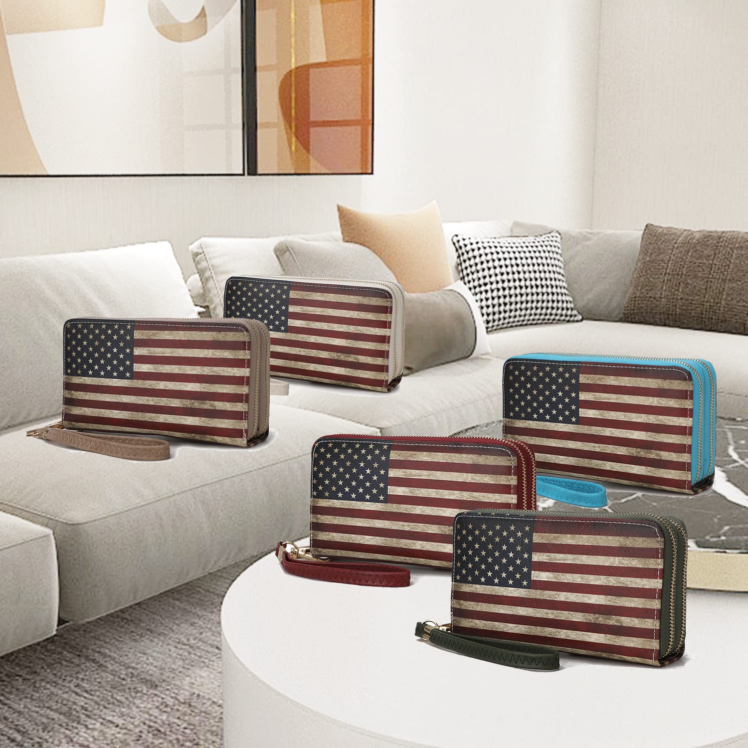 MKF Collection USA Wristlet Wallet for Women's, American Flag Vegan Leather Double Zipper Multi Pocket Small Patriotic Purse