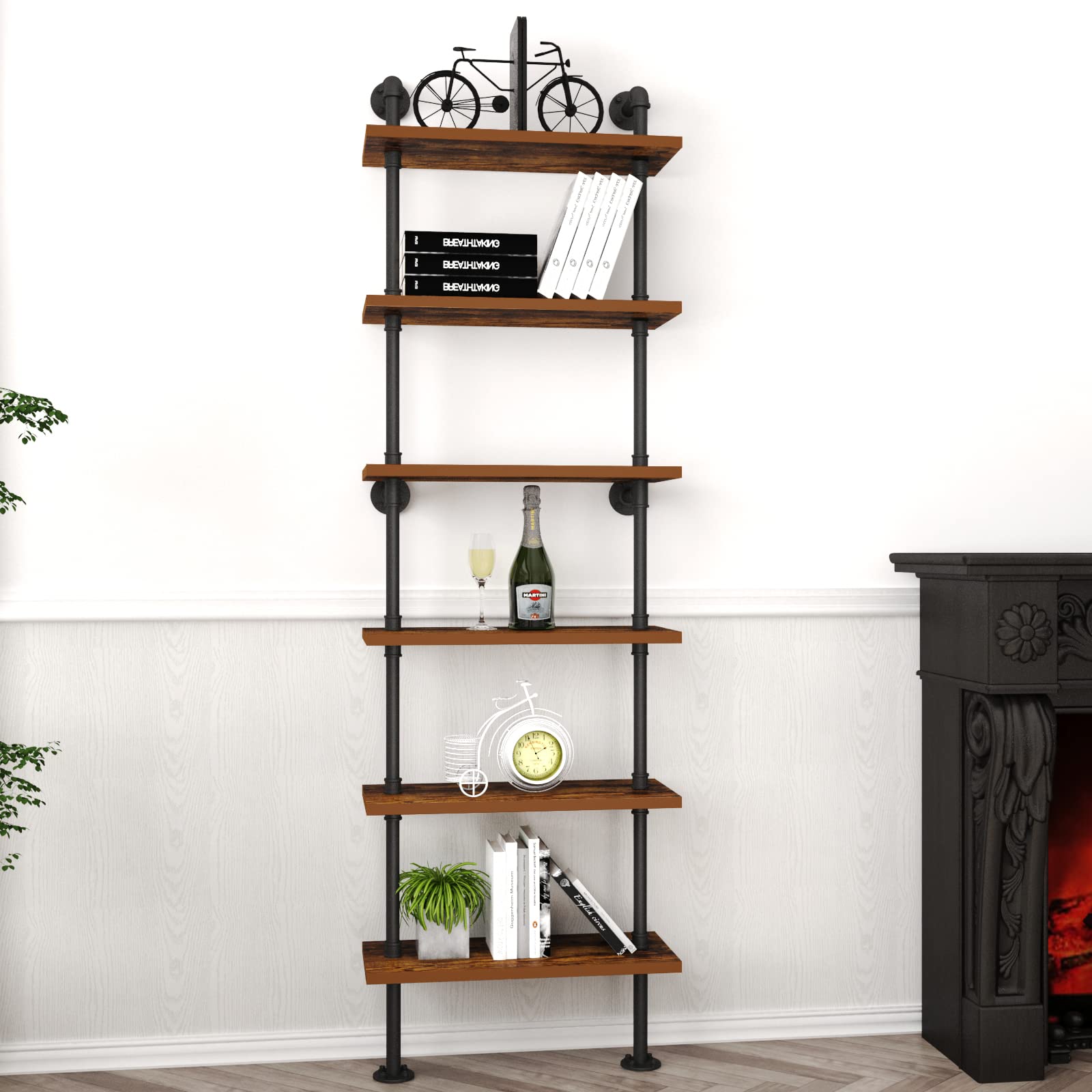 HOMEKAYT Wood Wall Shelf Ladder Bookshelf Wall Mounted Storage Decor Shelf for Home, Office, Living Room(6-Tier)-Black