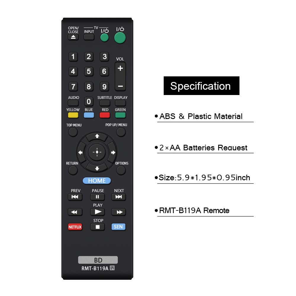 Gvirtue Blu Ray Remote Control Compatible Replacement for Sony RMT-B119A Remote(DVD Player), Applicable BDP-S3100 BDP-S5100 BDP-S590 BDP-S390 BDP-S1100 BDP-BX110 BDP-BX510 BDP-BX59 BDP-BX39