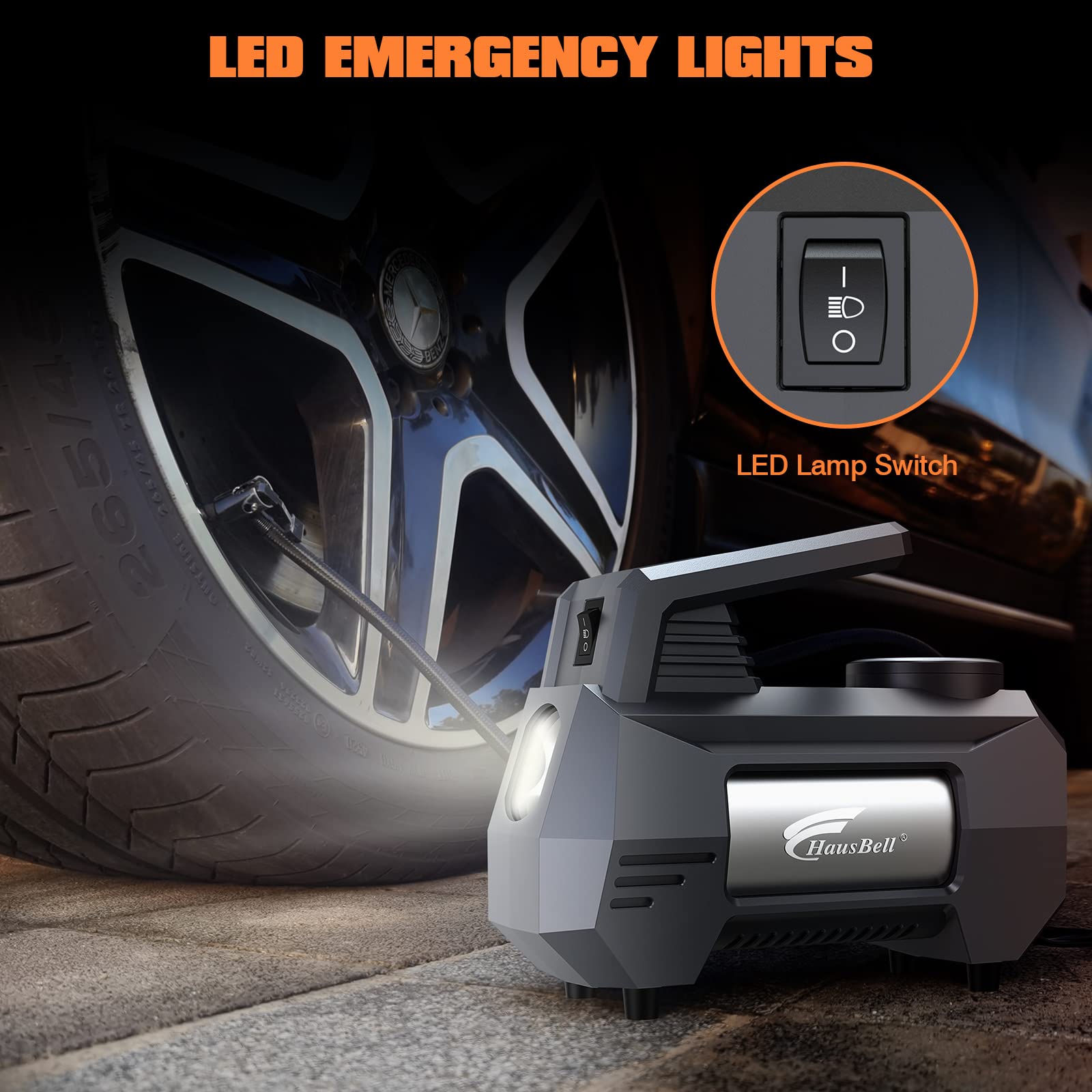 HAUSBELL tire inflator portable air compressor for car, portable air pump for car tires, Handle up to 4 Tires at a Time, 12V DC Car Air Pump, 150 PSI with Emergency LED Light (Grey)