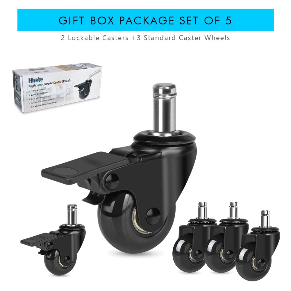 Hirate 5 Pack Office Chair Casters (2 with Brakes, 3 Without), 2" Lockable Heavy Duty Swivel Caster Wheel Replacements for Hardwood Floor Carpet