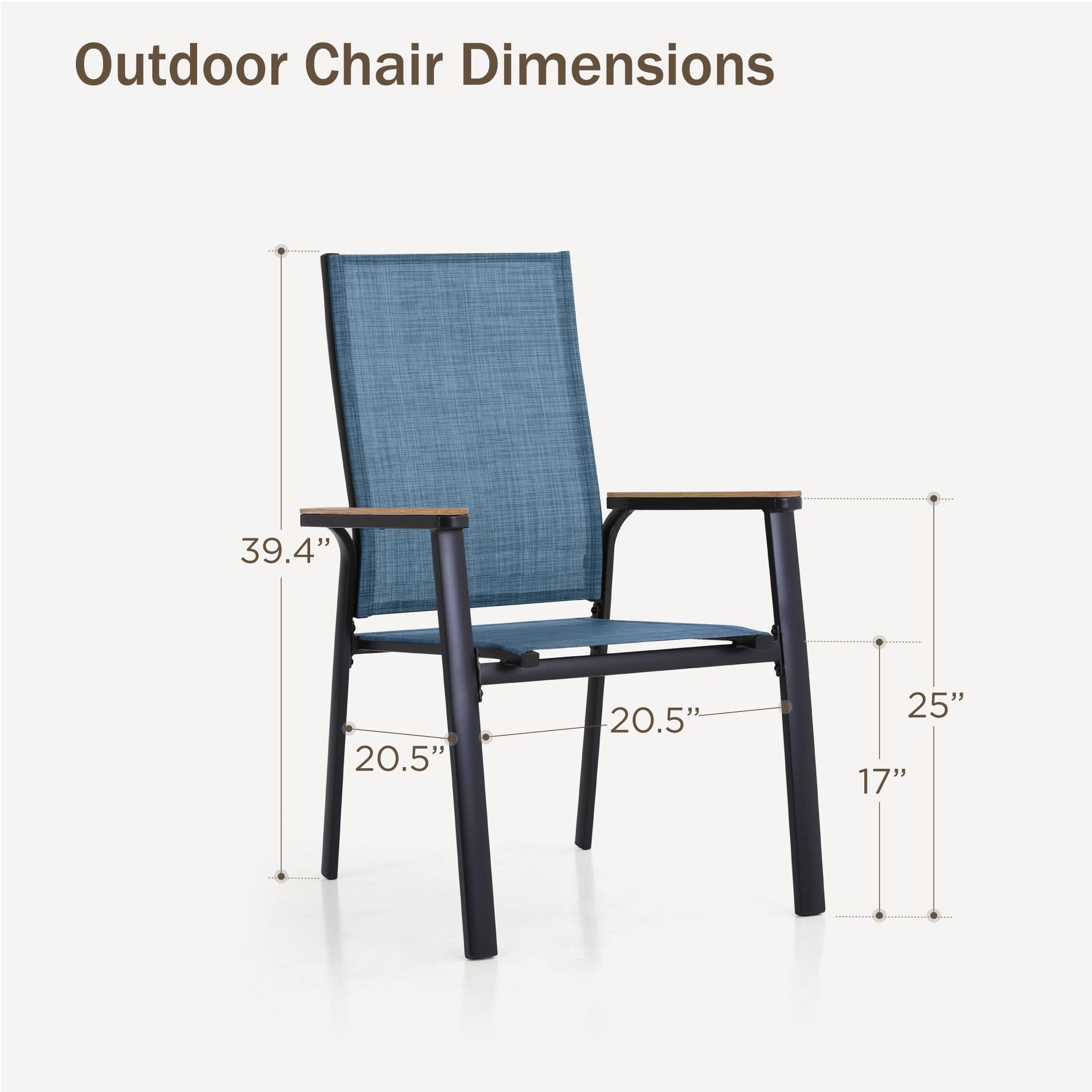 PHI VILLA Outdoor Stackable Dining Chairs Set of 2(Blue,Lightweight Aluminum Frame with Textilene Fabric & Wider Armrest,Easy to Store,Patio Chairs for Garden,Lawn