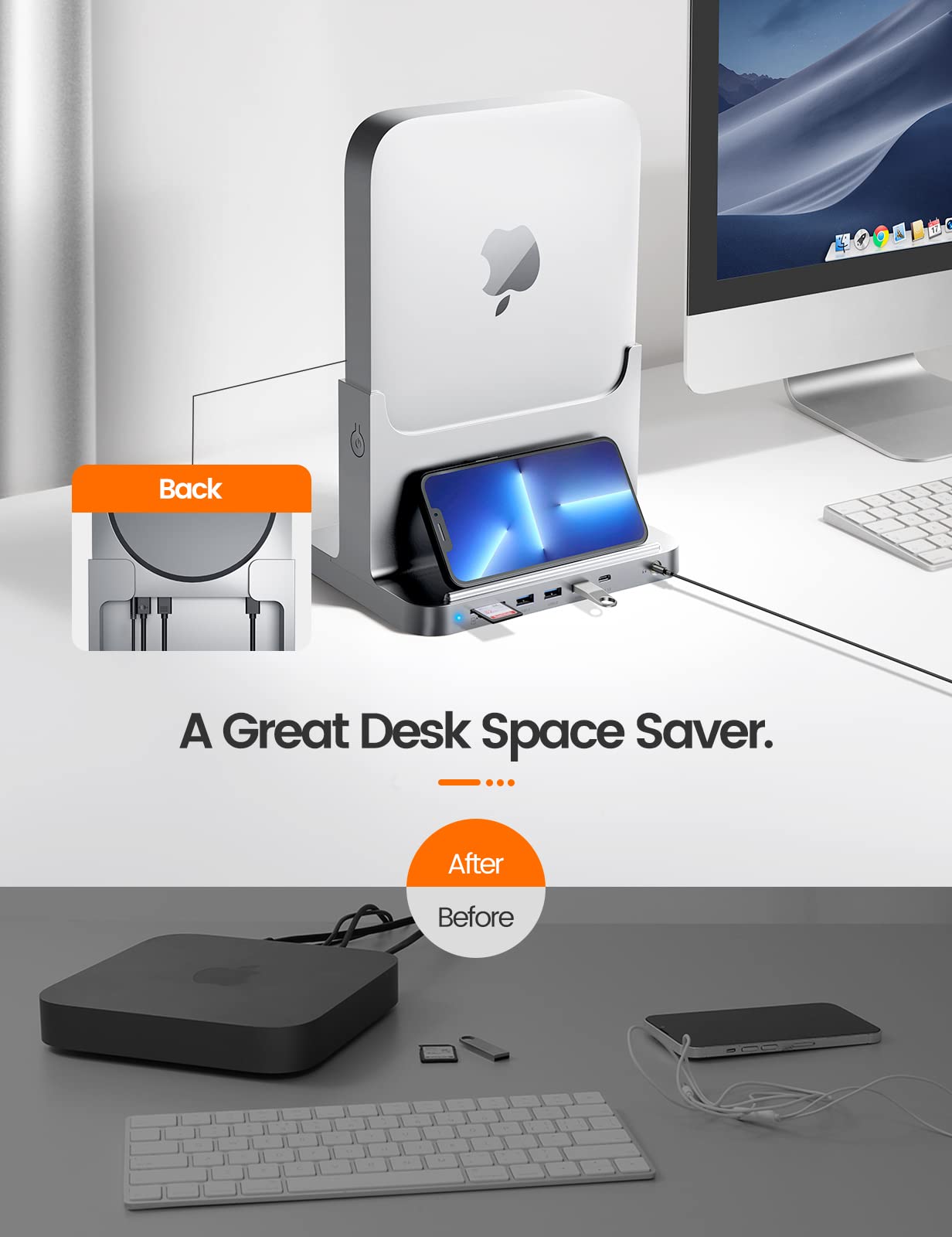 Mac Mini Stand Space, Dofuhem Silver ABS Dock for Mac Mini, 8-in-1 Dock Station Holder with Power Adapter, USB 3.0 Ports/USB Hub for Data Transfer TF/SSD Slot Audio Jack/SD Card Reader HDD