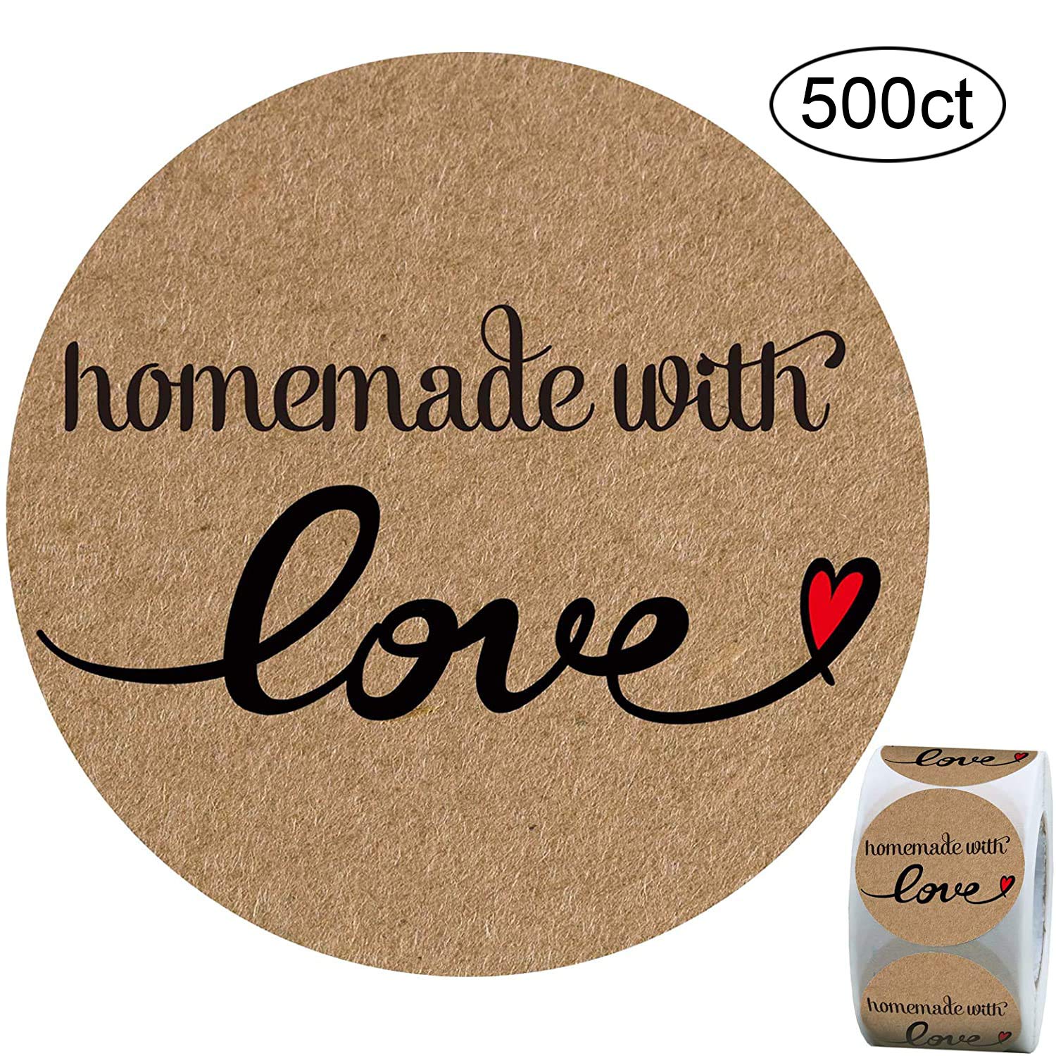 Homemade Love with Stickers - 1.4 inch Kraft Paper Labels, 500 Pack.