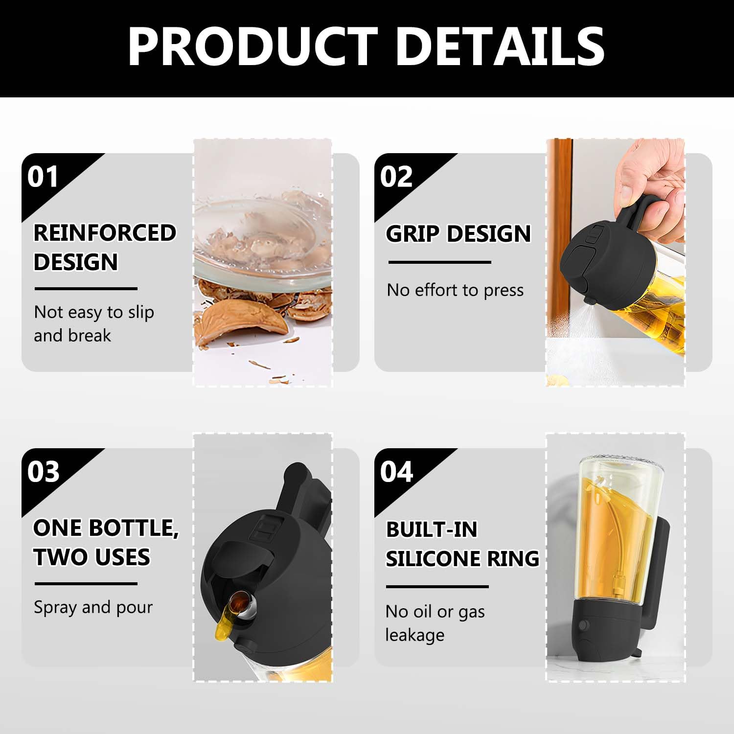MISEDI Oil Sprayer for Cooking,2 in 1 Glass Oil Sprayer & Dispenser,Oil Dispenser Bottle for Kitchen,Salad, Grilling, Roasting, Baking (Black)