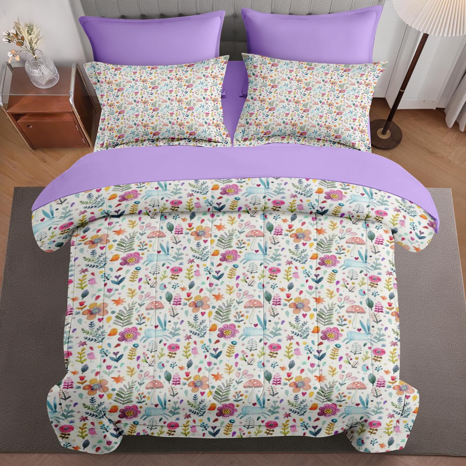 Pinbeam 5 Pcs Comforter Set Twin Size, Vintage Flower Mushroom Bed in a Bag with Flat Sheet and Fitted Sheet for Kids and Adults, Cute Botanical Plant Birds Bedding Set with Pillowcase & Sham