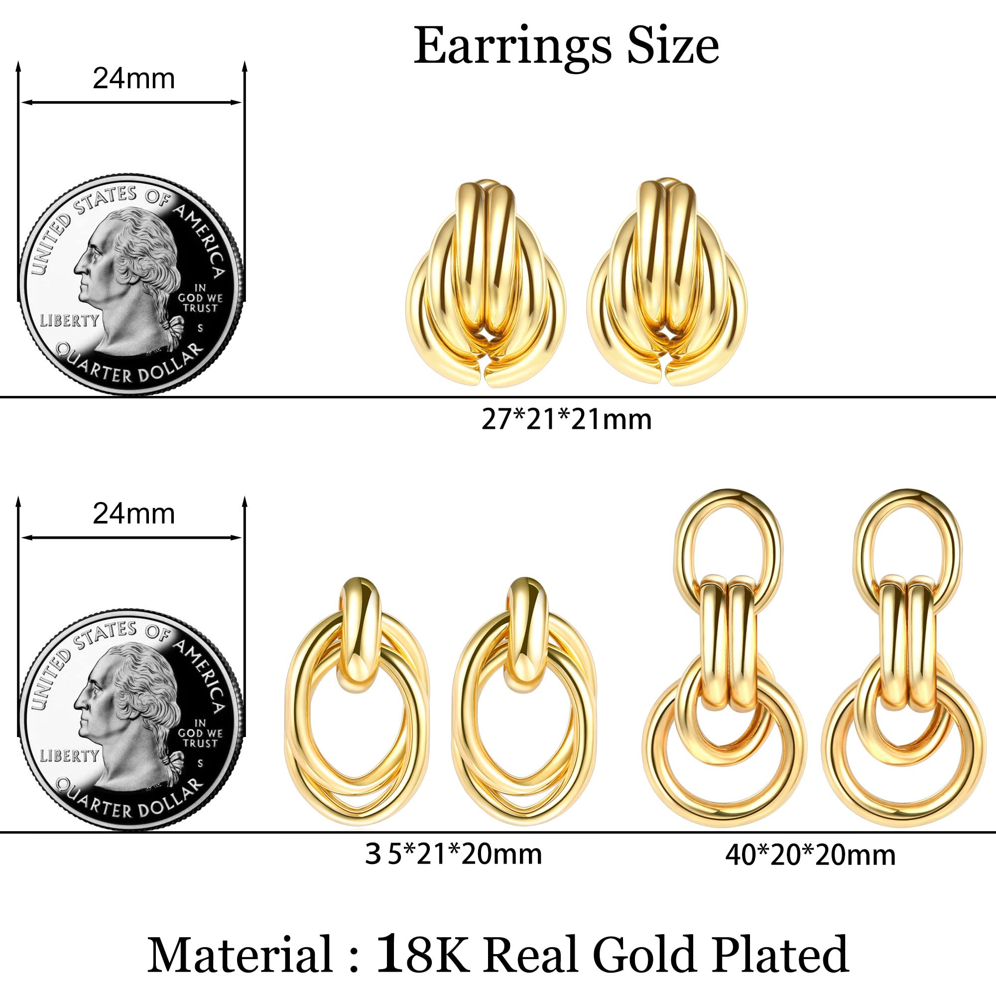 Mevorimp 3 Pairs Gold Hoop Drop Earrings Geometric Double Circle Knot Dangle Chunky Long Chain Statement Earring Sets for Women Birthday Gifts