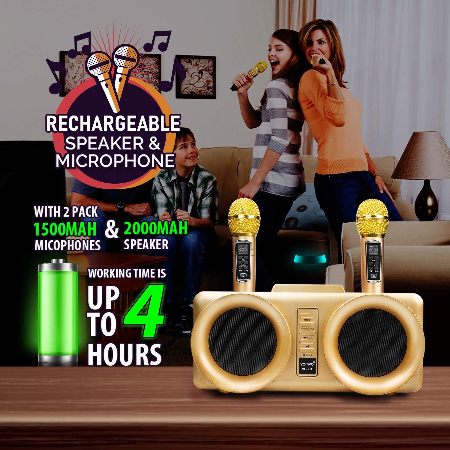 Karaoke Machine, vamvo VF-301 15W*2 Rechargeable Bluetooth Speaker with 2 Wireless Microphone, Portable PA Speaker System for Kids & Adults