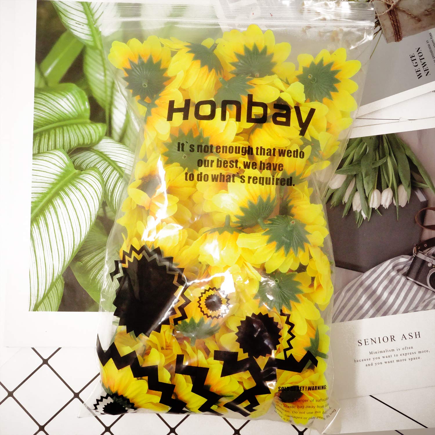 HONBAY 50PCS 7cm/2.75inch Artificial Silk Yellow Sunflower Heads Fabric Floral for Home, Wedding, Garden, Craft Projects