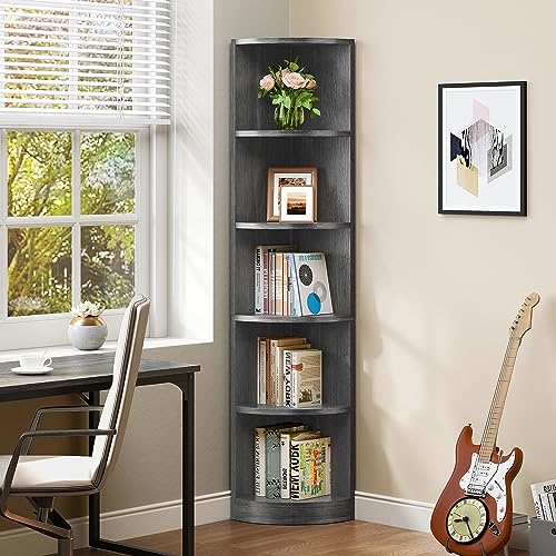 YITAHOME 70.8" Corner Shelf, 5 Tier Corner Bookshelf and Bookcase, Modern Open Free Standing Shelving Unit Wooden Display Rack Storage Shelves for Bedroom, Living Room, Home Office, Charcoal Gray