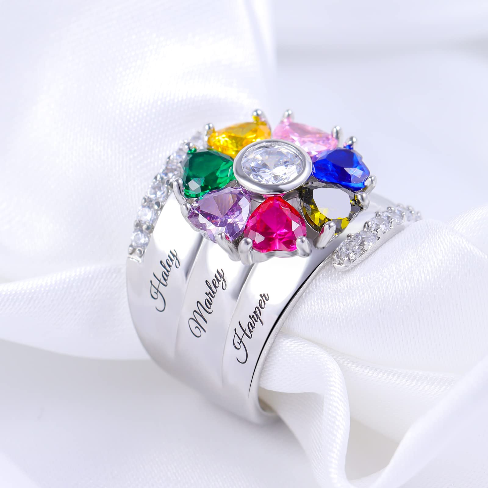 Laleonpame Custom Grandmother Ring Sterling Silver with 7 Birthstones & Names Family Wedding Band Mother's Day Ring