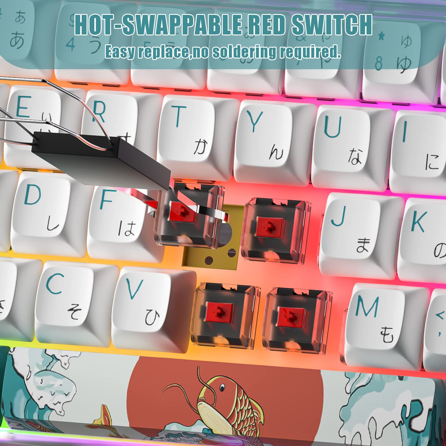 MIHIYIRY 61 Keys Mechanical Gaming Keyboard,Japanese Root Words 60% Compact Hot-Swappable RGB Backlit Keyboard for Win/Mac Gamers (Coral Sea Theme)