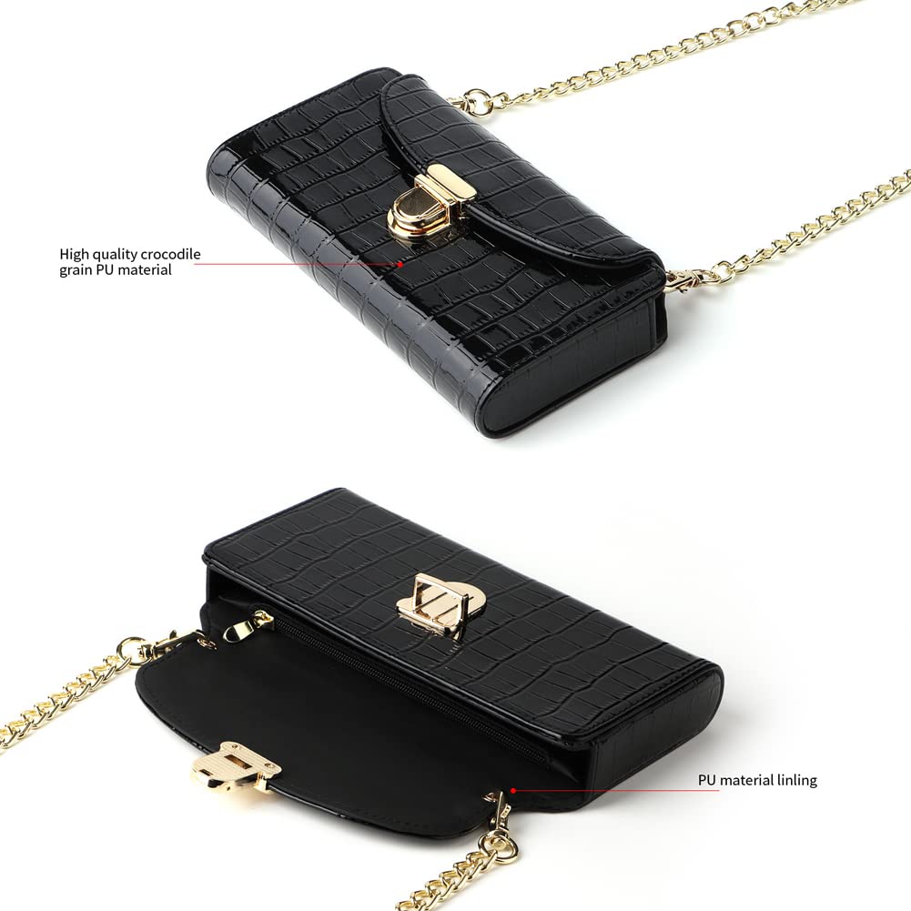 Mini Alligator chain crossbody bag, Mobile Phone Bag,Shoulder Bag, Coin Purse,Small (Black)