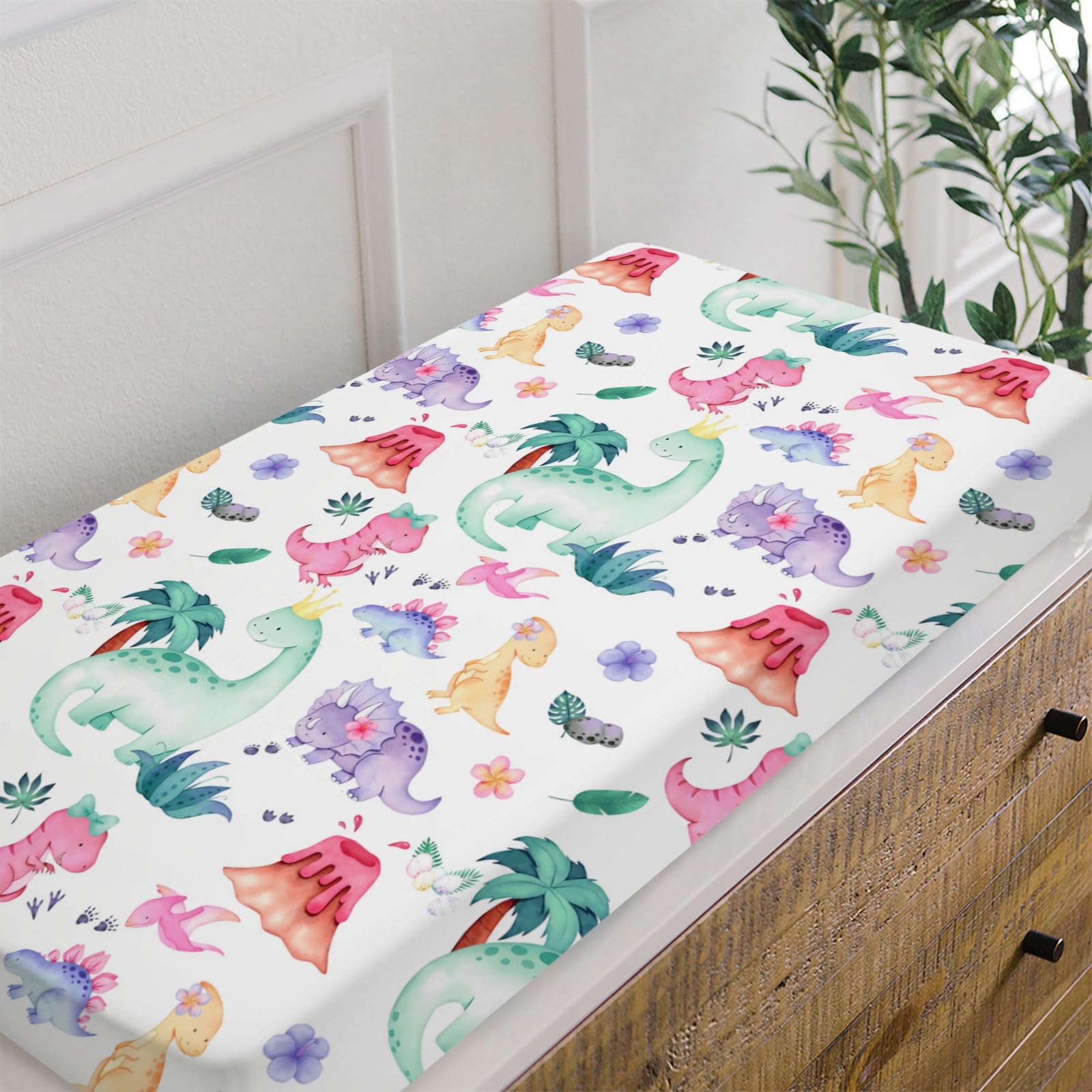 HawSkgFub Girls Dinosaur Changing Pad Cover for Baby Pink Purple, Dino Animal Tropical Diaper Change Table Covers, Ultra Soft Stretchy Breathable Safe Snug Fitted Changing Mat Sheets Fit 32"/34" x 16"