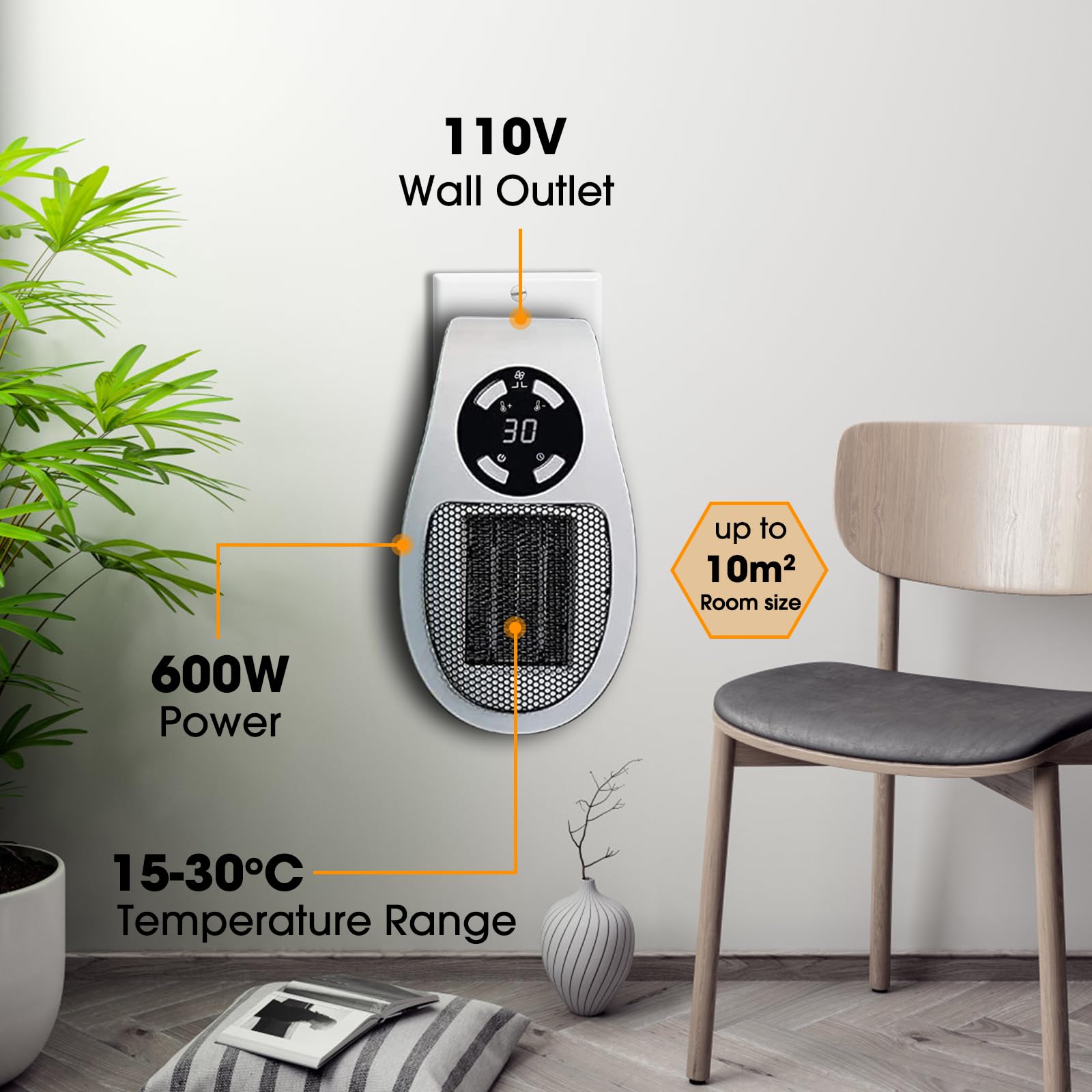 Mik-Nana 500W Space heater, Wall Outlet Electric Space Heater as Seen on TV with Adjustable Thermostat and Timer and Led Display, Compact for Office Dorm Room