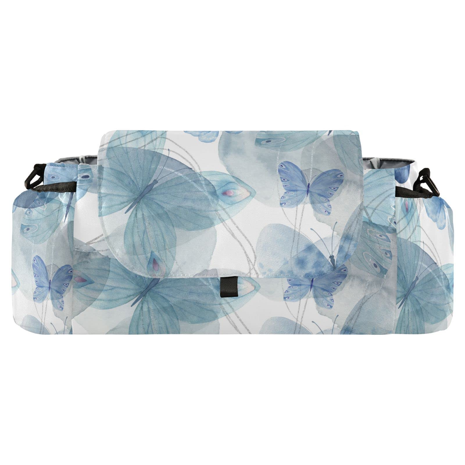 Kigai Blue Butterflies Baby Stroller Organizer with Cup Holders, Secure Hooks Accessories Adjustable Strap Stroller Bag for Bottle, Diaper, Phone, Toys, Baby Items