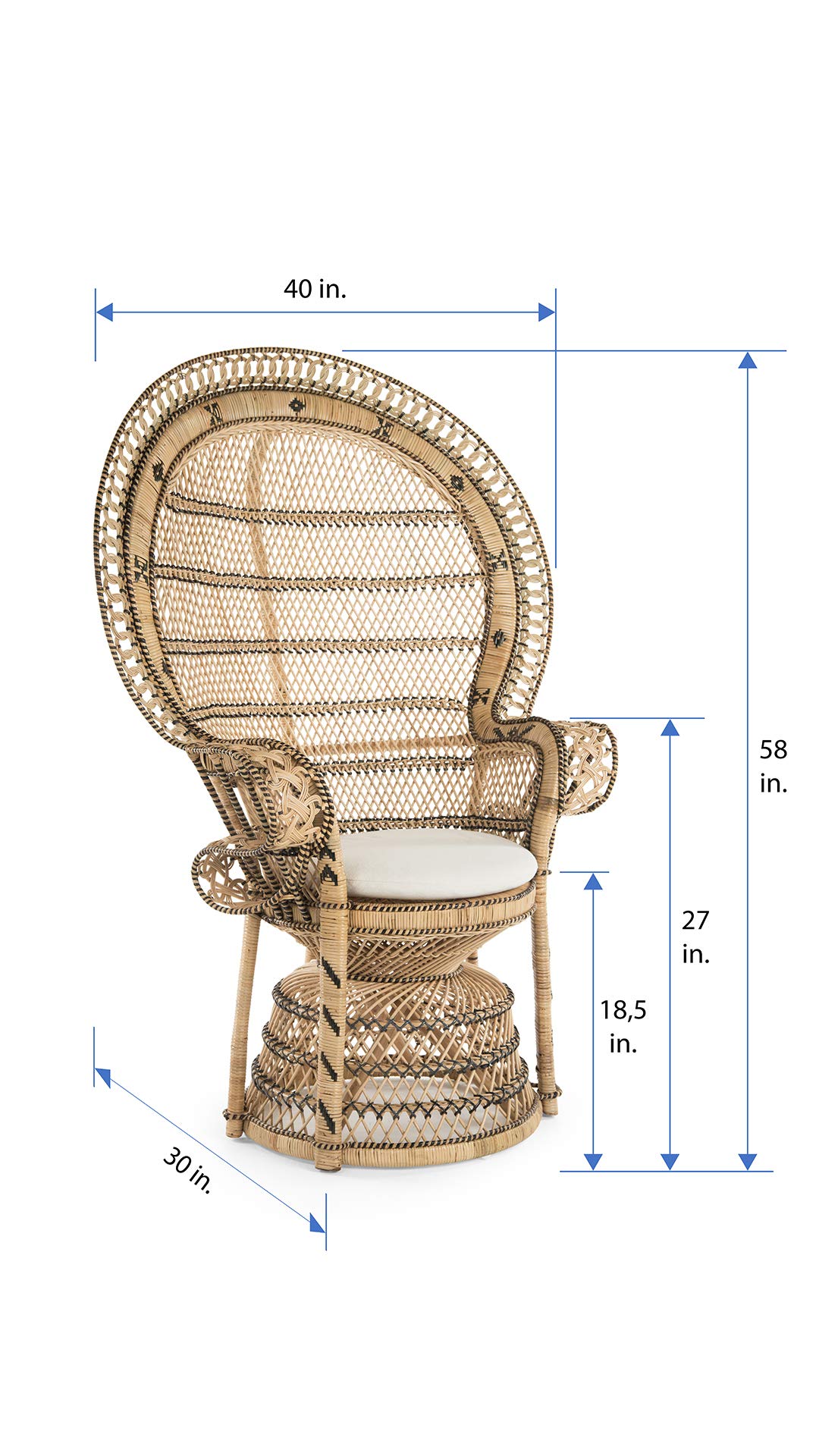 KOUBOO Grand Pecock Retro Peacock Chair in Rattan with Seat Cushion, Natural Color, Large