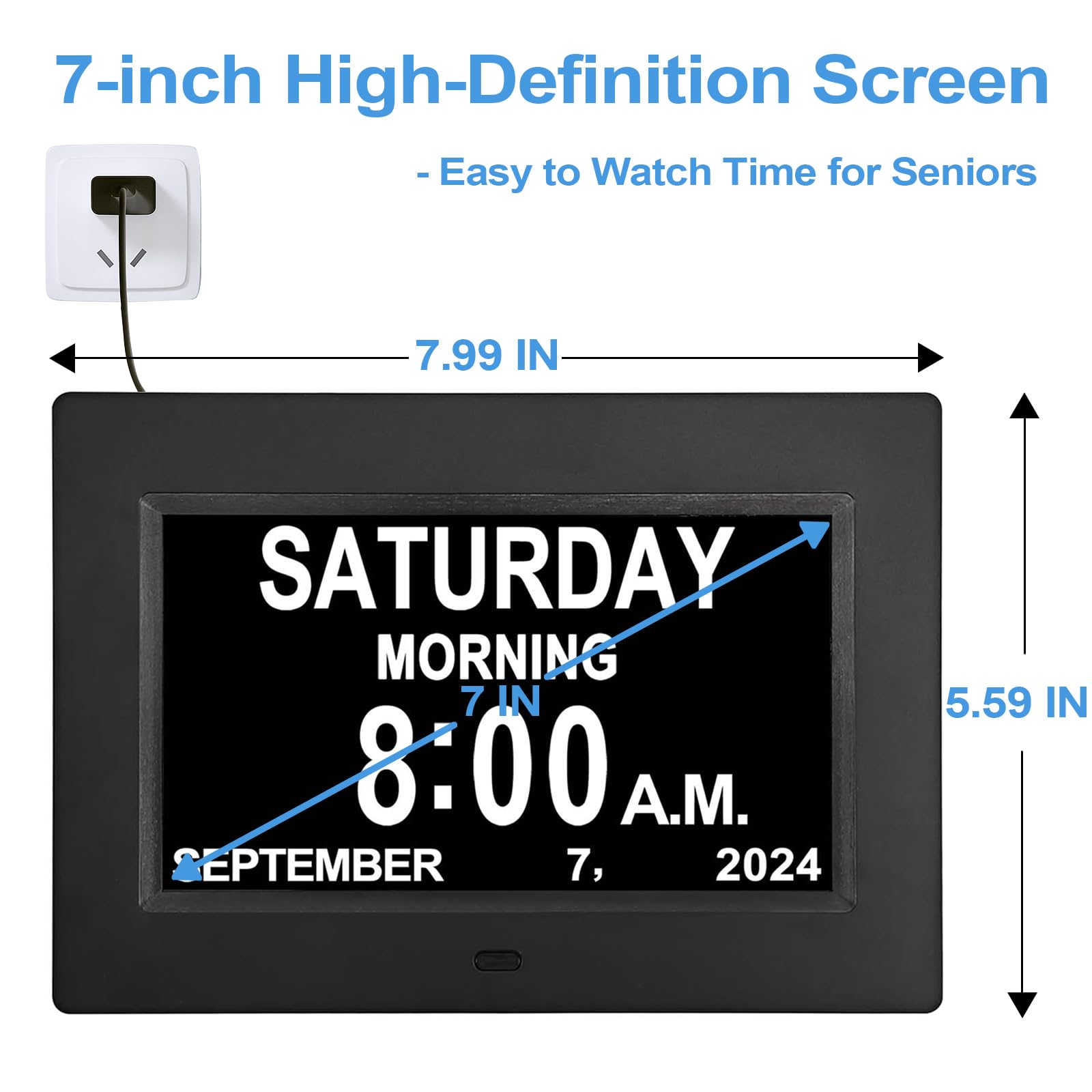 JALL Digital Calendar Dementia Day Clock - with 7" Large Screen Display, am pm, 5 Multiple Alarms, for Aged Seniors, The Elderly, Large Impaired Vision People, for Desk, Wall Mounted