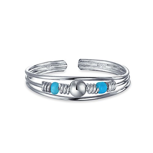 Geometric Boho Mid Finger Blue Crystal Bead Ball Split Band Midi Toe Ring For Women Teen Polished .925 Silver Sterling Adjustable Customizable