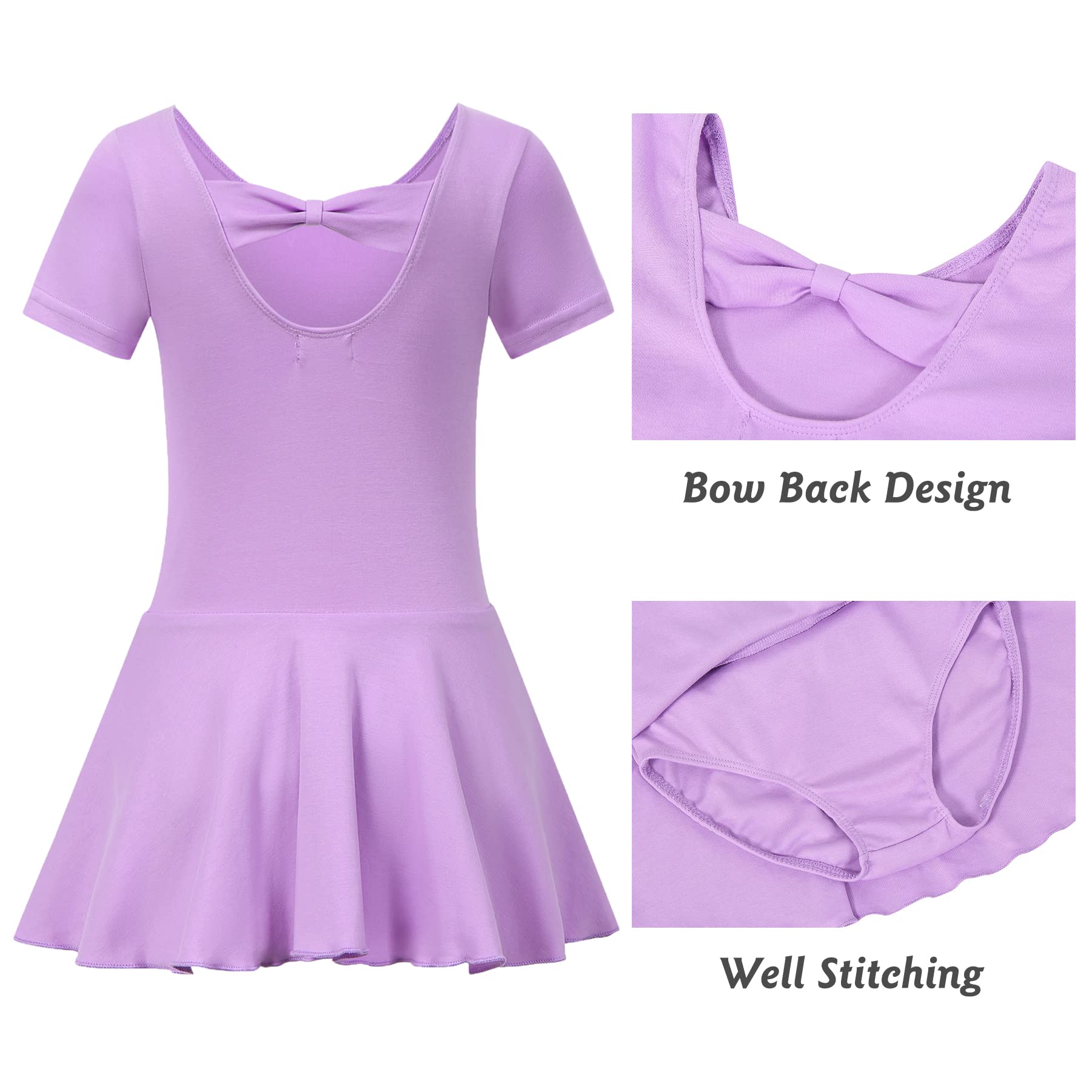 Huanye Girls Short Sleeve Ballet Leotards with Bow Back Ballet Dance Dress Tutu Ruffle Skirted Purple
