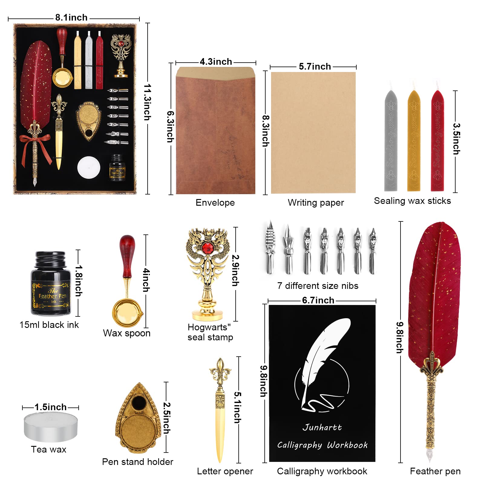Junhartt Quill Feather Pen and Ink Set - Calligraphy Pen Set with Workbook and Wax Seal Stamp Kit (Red)